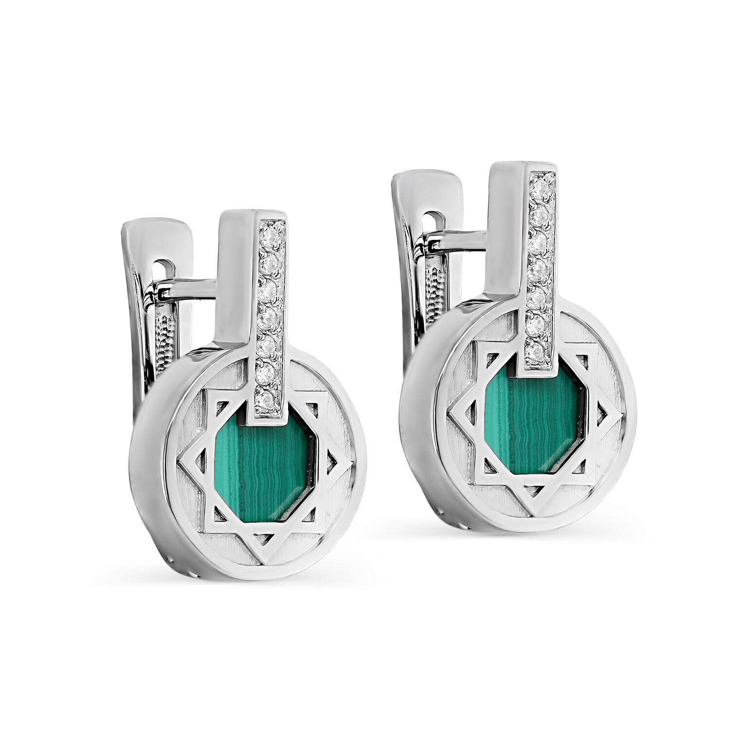 Моносерьга, серебро, 925 проба, фианит, малахит