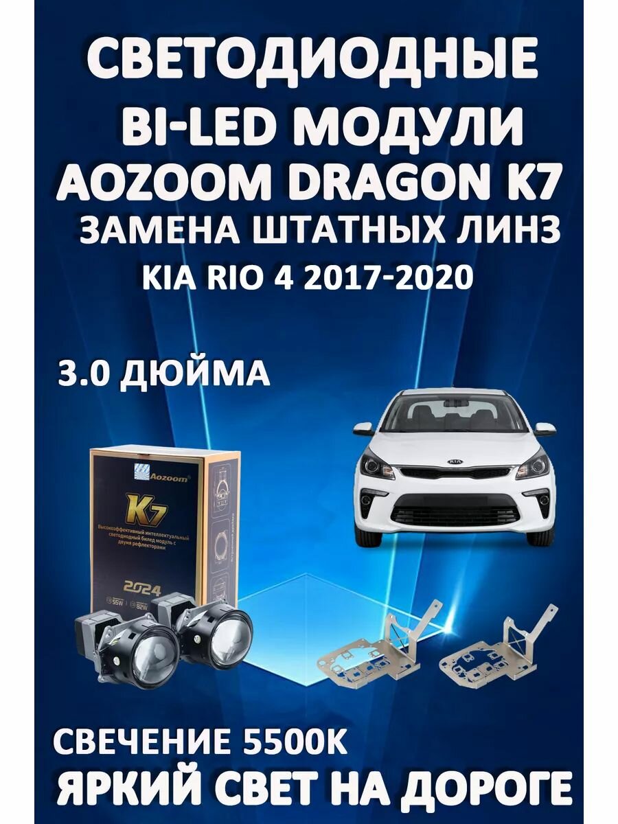 Светодиодные линзы BiLED Dragon Knight K7 для Kia Rio 4 2017-2020 с переходными рамками