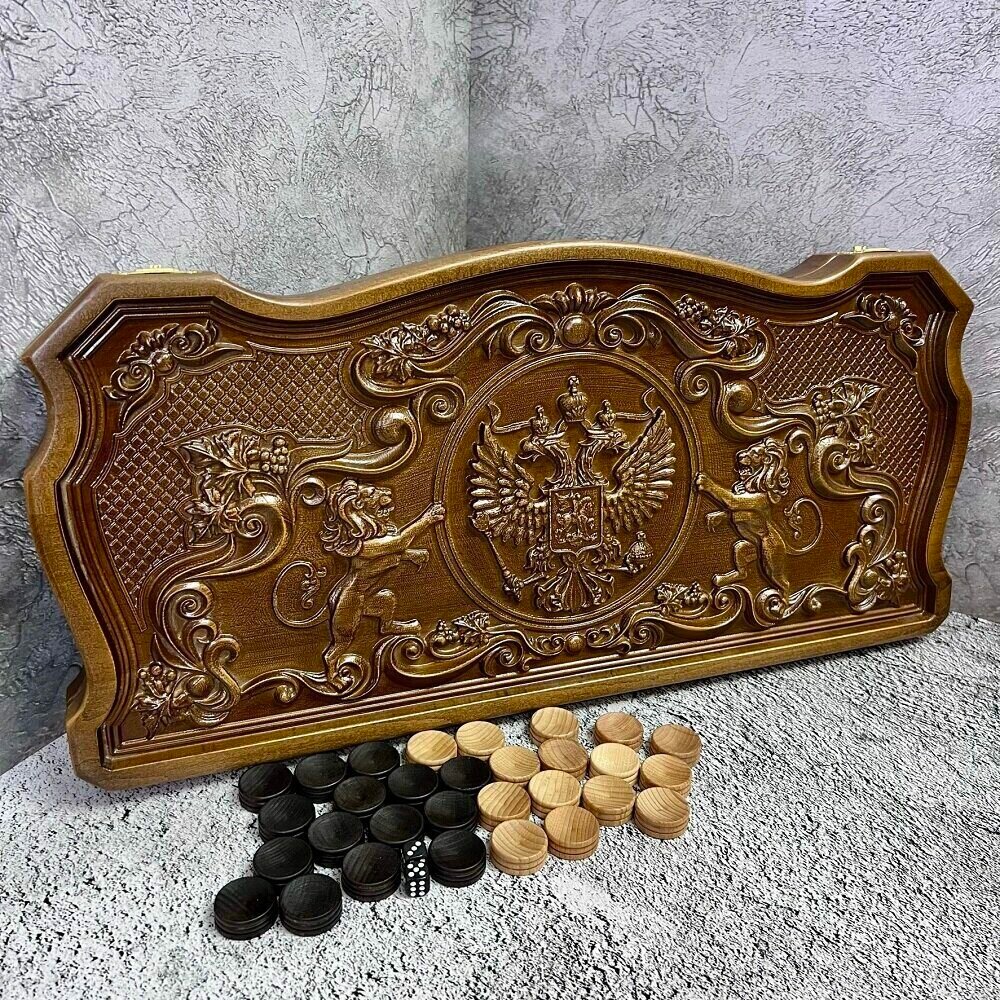 Нарды резные большие "Ивановские Герб" из массива бука, 57,5х27,3х5 см