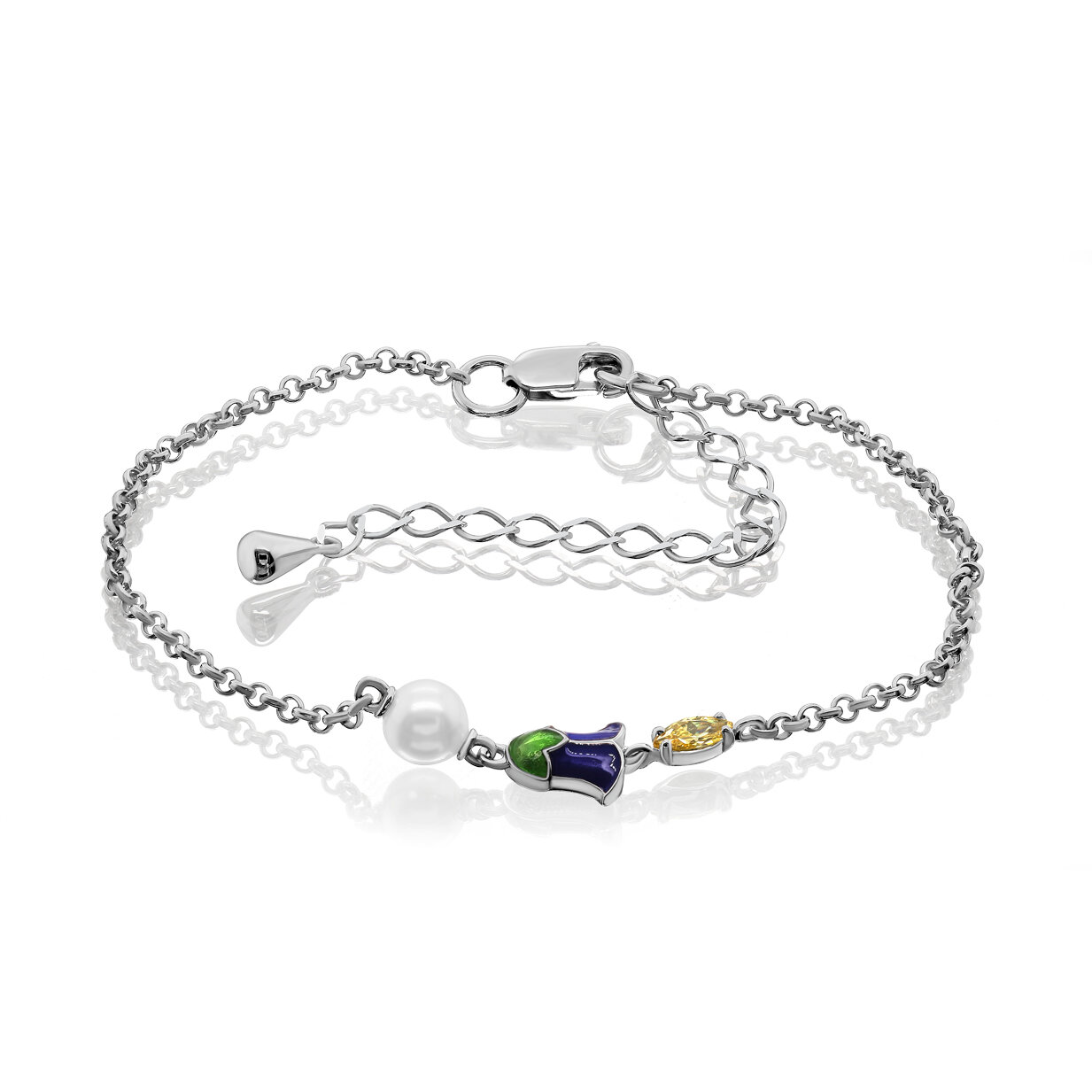 Браслет-цепочка, серебро, 925 проба, родирование, фианит