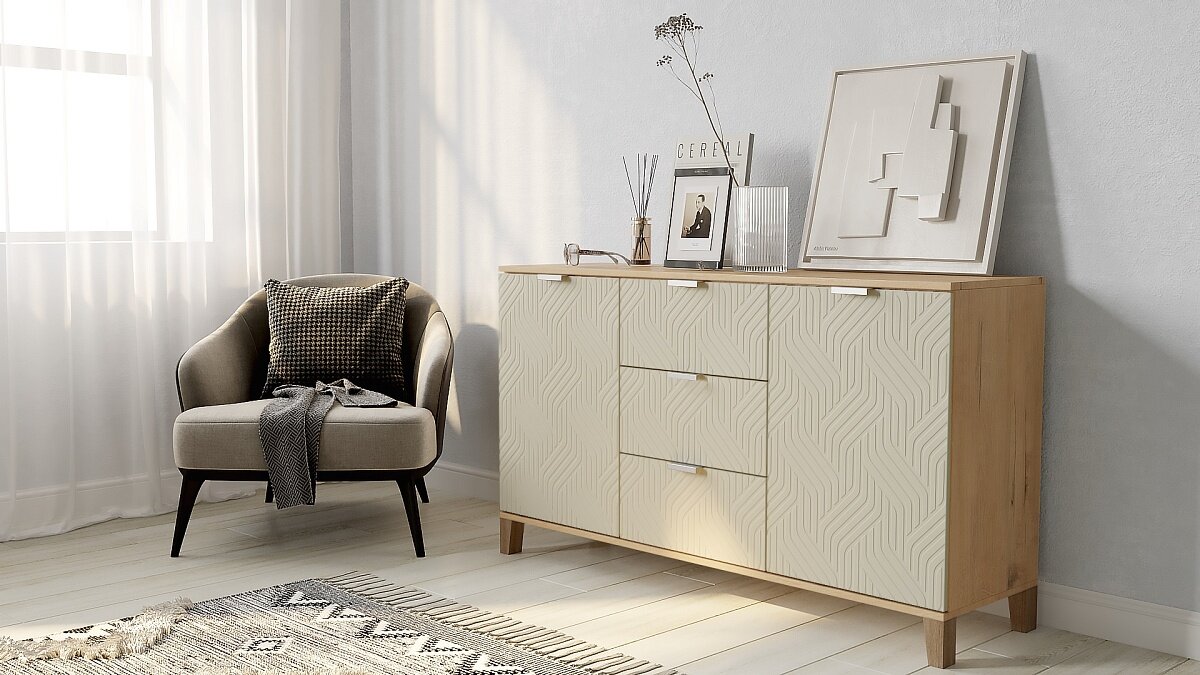 Комод МебельЛэнд24 Марвин Йорк - 4 Сантьяго 140x40x80 серый двухдверный с 3 ящиками