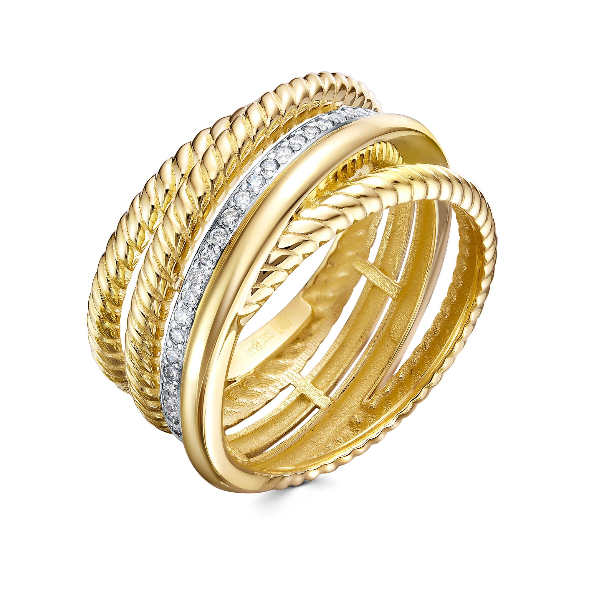 Кольцо широкое, дорожка, желтое золото, 585 проба, бриллиант