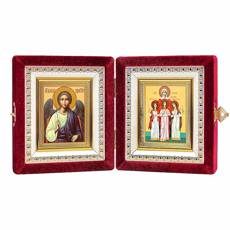 Складень именной "Мученицы Вера, Надежда, Любовь и мать их София (лик № 026) - Ангел Хранитель (лик № 005)", размер ликов 6*7,5 см