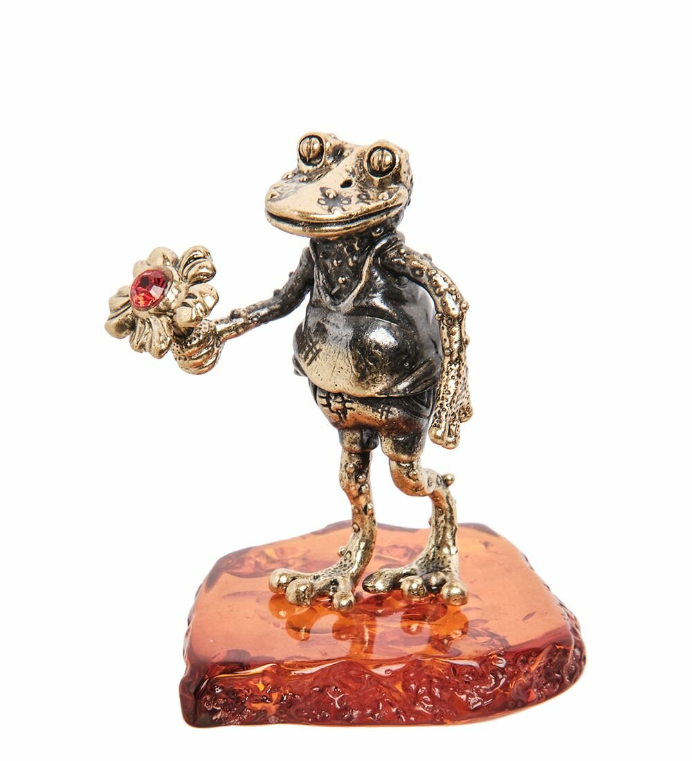 Фигурка 'Лягушка с цветком' (латунь, янтарь)