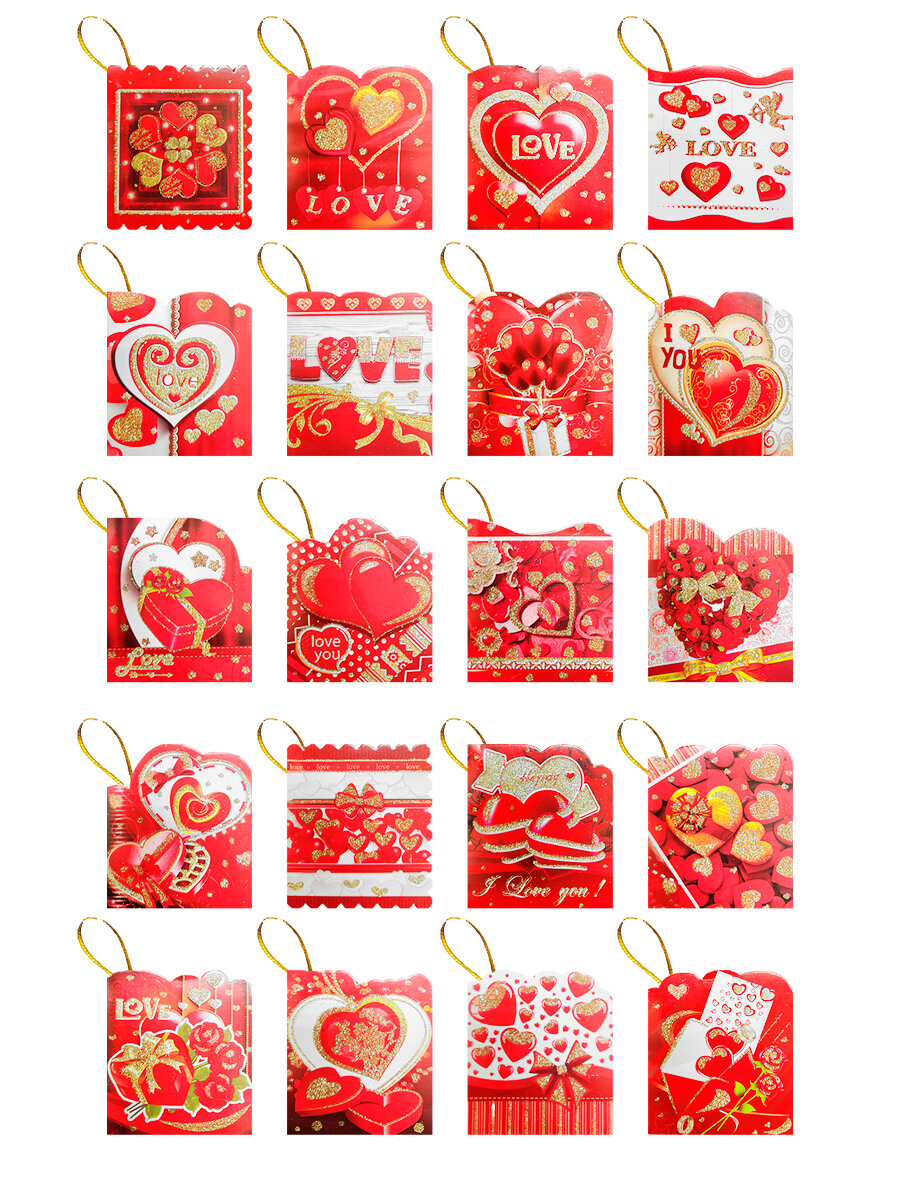 Бирка для букетов и подарков KWELT Love, ассорти 80*70мм, двойная, блестки, комплект 160шт