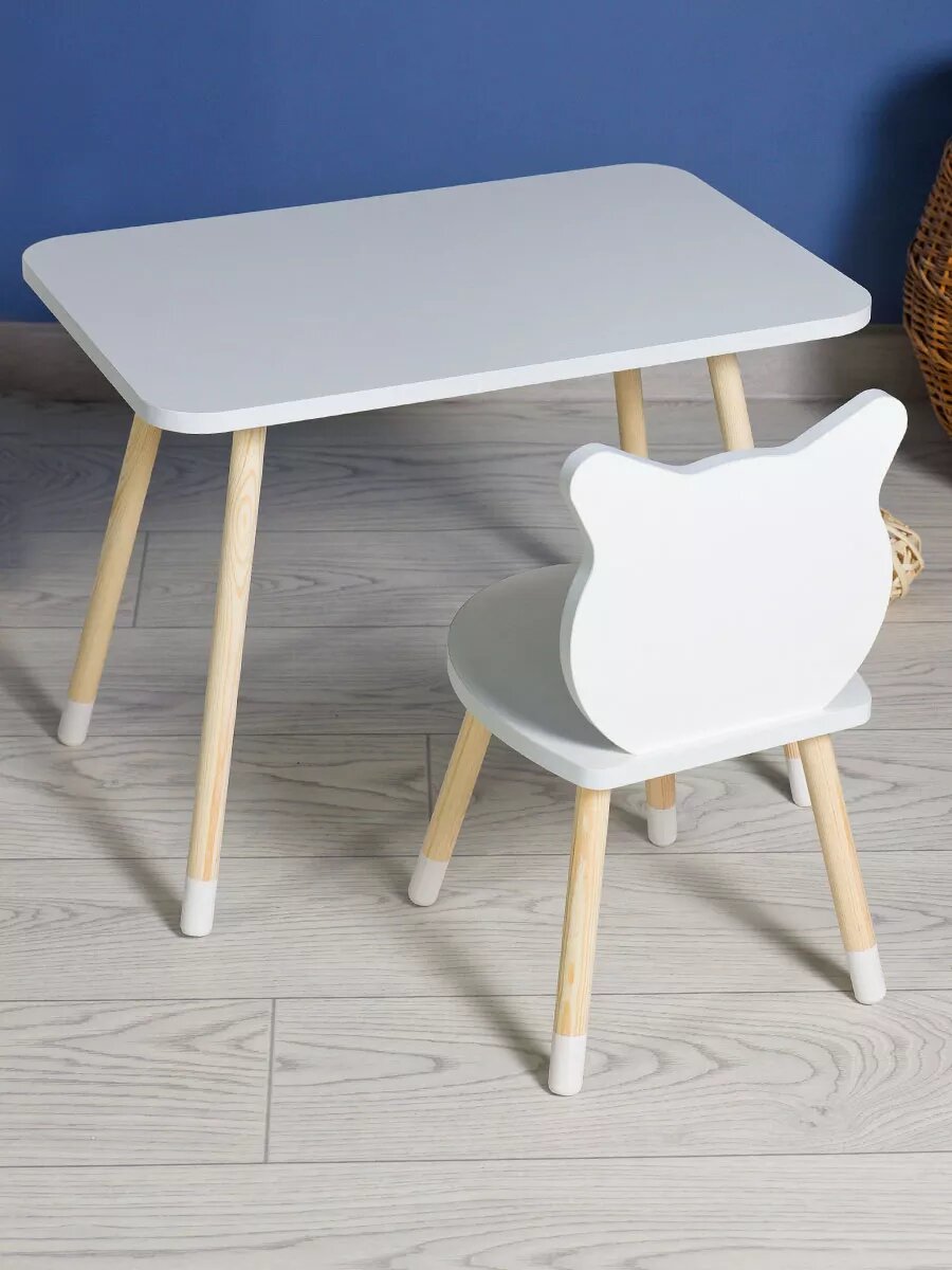Детский стол и стул котик, белый комплект детской мебели RuLes