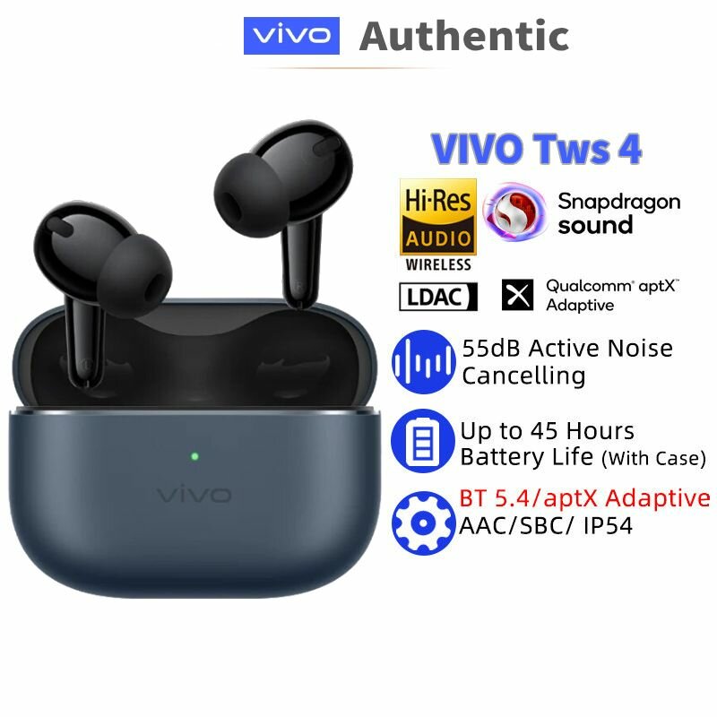 Наушники ViVO TWS 4 с активным шумоподавлением 55 дБ, Настоящие беспроводные наушники LDAC TWS Bluetooth 5.4, время автономной работы до 45 часов, IP54