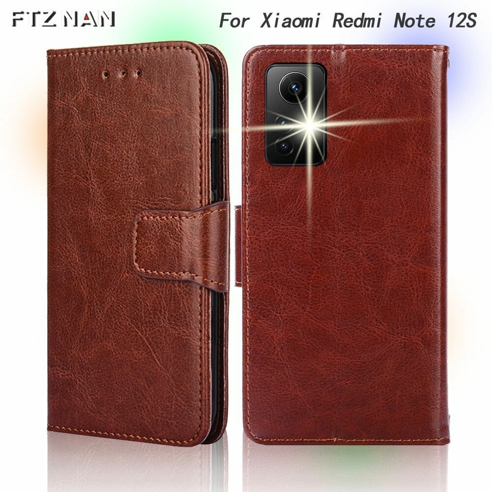 Чехол-книжка подходит для Xiaomi Redmi Note 12S (на Сяоми Редми Ноут 12s), противоударный с магнитом, с защита камеры, коричневый