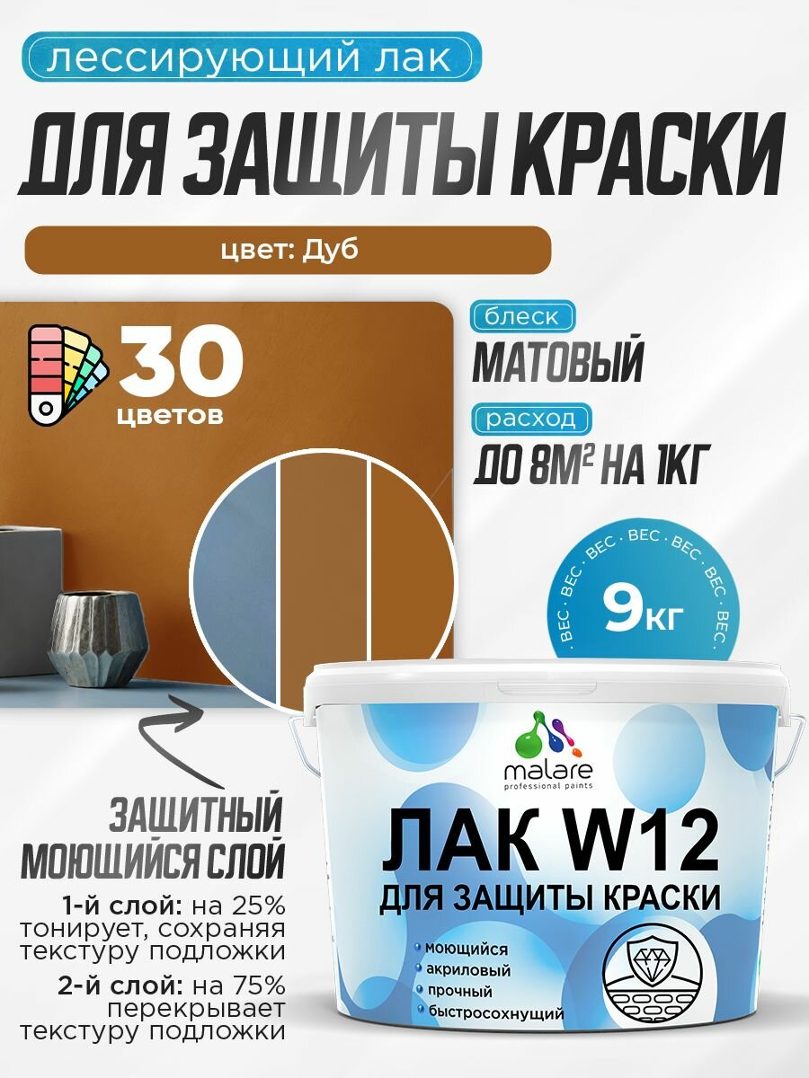 Лак колерованный тонирующий для защиты акриловых красок Malare W12 моющийся универсальный быстросохнущий экологичный, матовый, дуб, 9 кг.