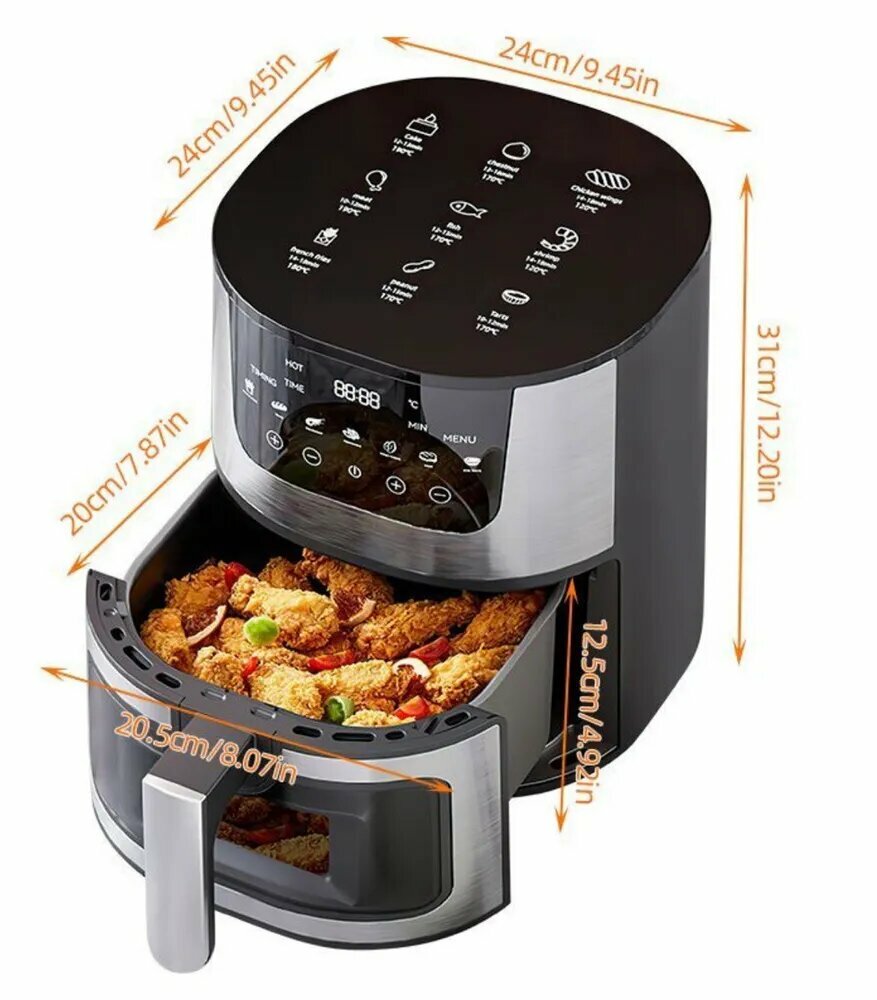 Аэрогриль Аэрогриль электрический 7 литров, с сенсорной панелью, 2400 Вт, черный, серебристый