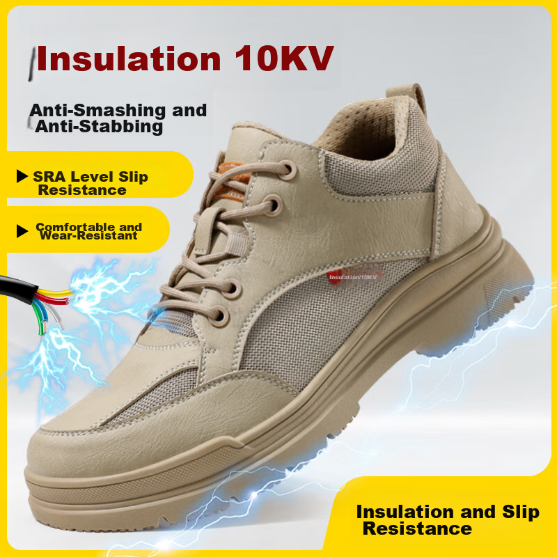 JUNBU Safety Shoes for Men, Insulated Electrician Plastic Toe Cap, Anti-Smashing, Puncture-Resistant, Non-Slip Work Functional Shoes 1115FSR Size 42