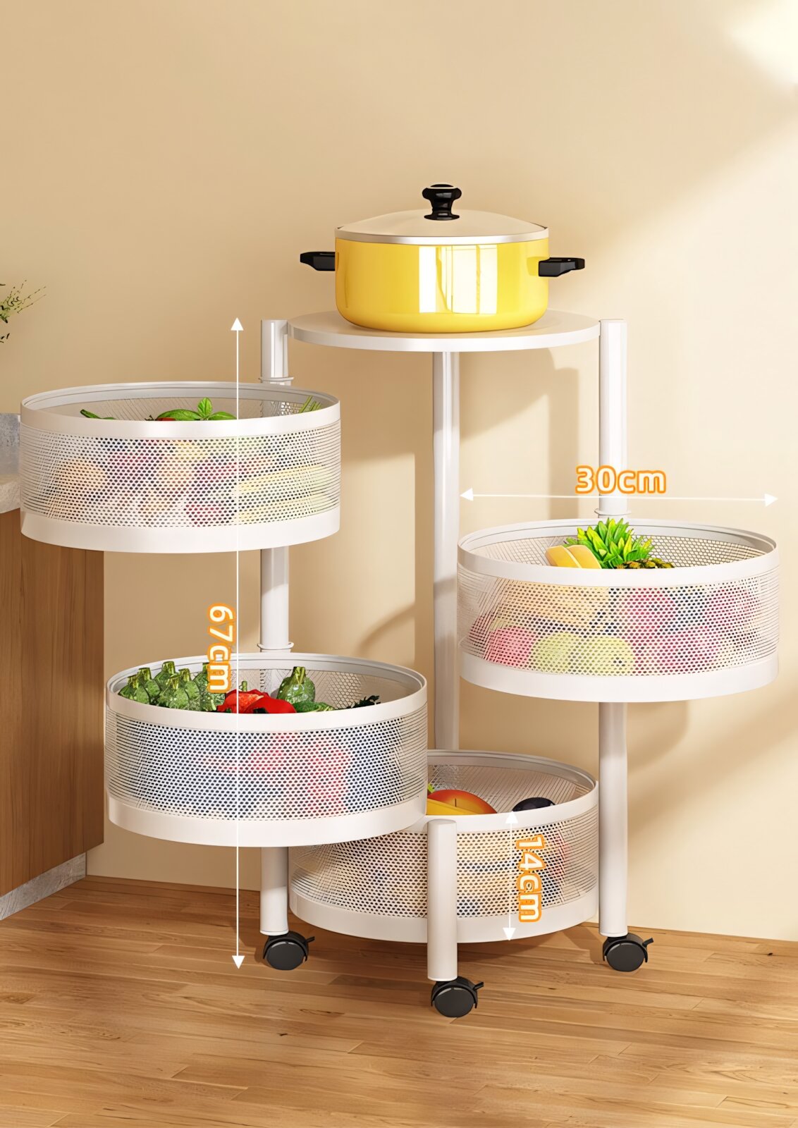 Этажерка круглая, на колесиках, высота 67 см, пятиуровневая, с поворотными полками, белый