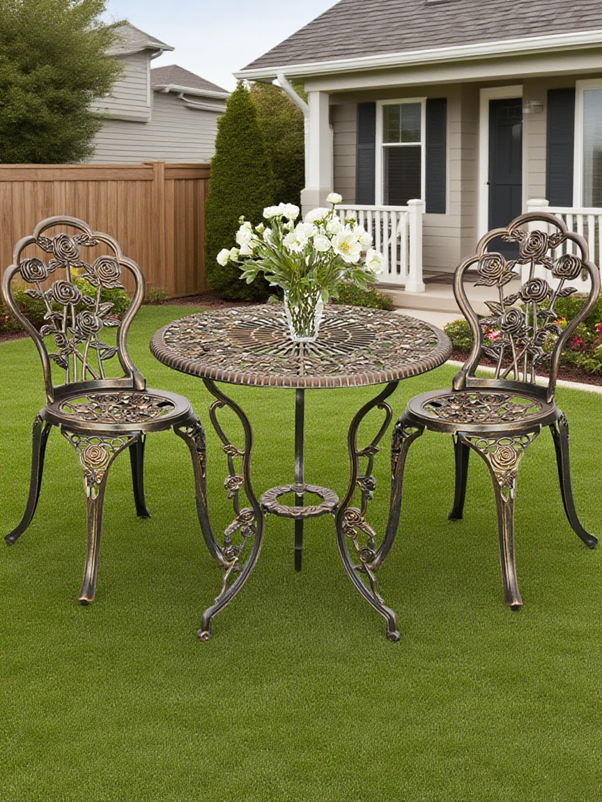 Мебель с рисунком розы, набор садовой мебели, для дачи, для сада, 1 обеденный стол, 2 садовых стула.