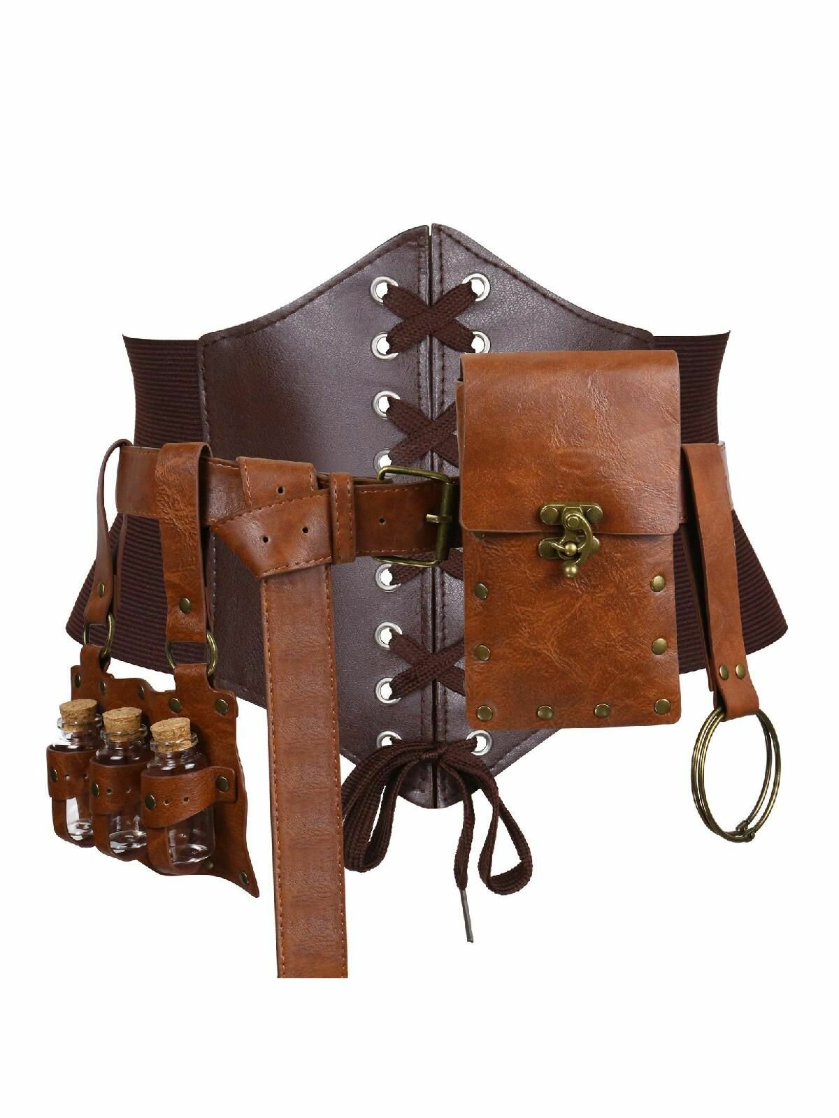 Корсет из искусственной кожи для средневекового косплея с эффектом утягивания талии, Коричневый - XL