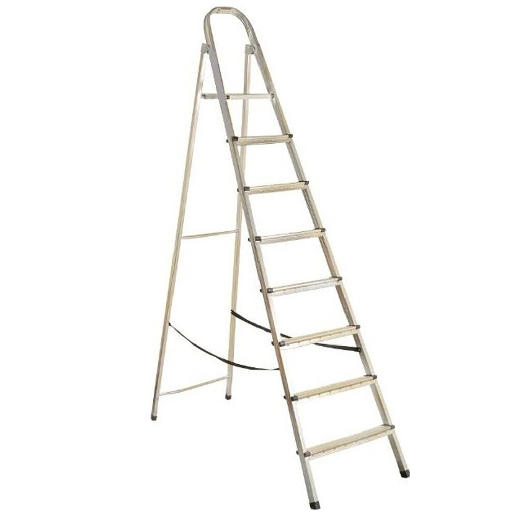 Стремянка 8 ступеней, оцинкованная, серебристая, складная, с резиновыми накладками