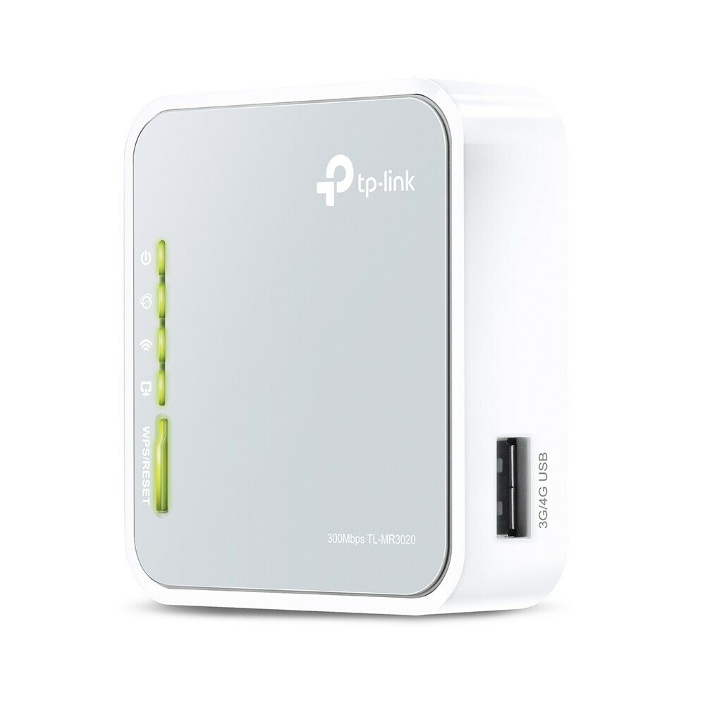 Wi-Fi Роутер TP-Link TL-MR3020 портативный, N300 2.4ГГц, 1xRJ45 100Мбит/с, 1xUSB с поддержкой 3G/4G модемов, режим роутер/ретранслятор