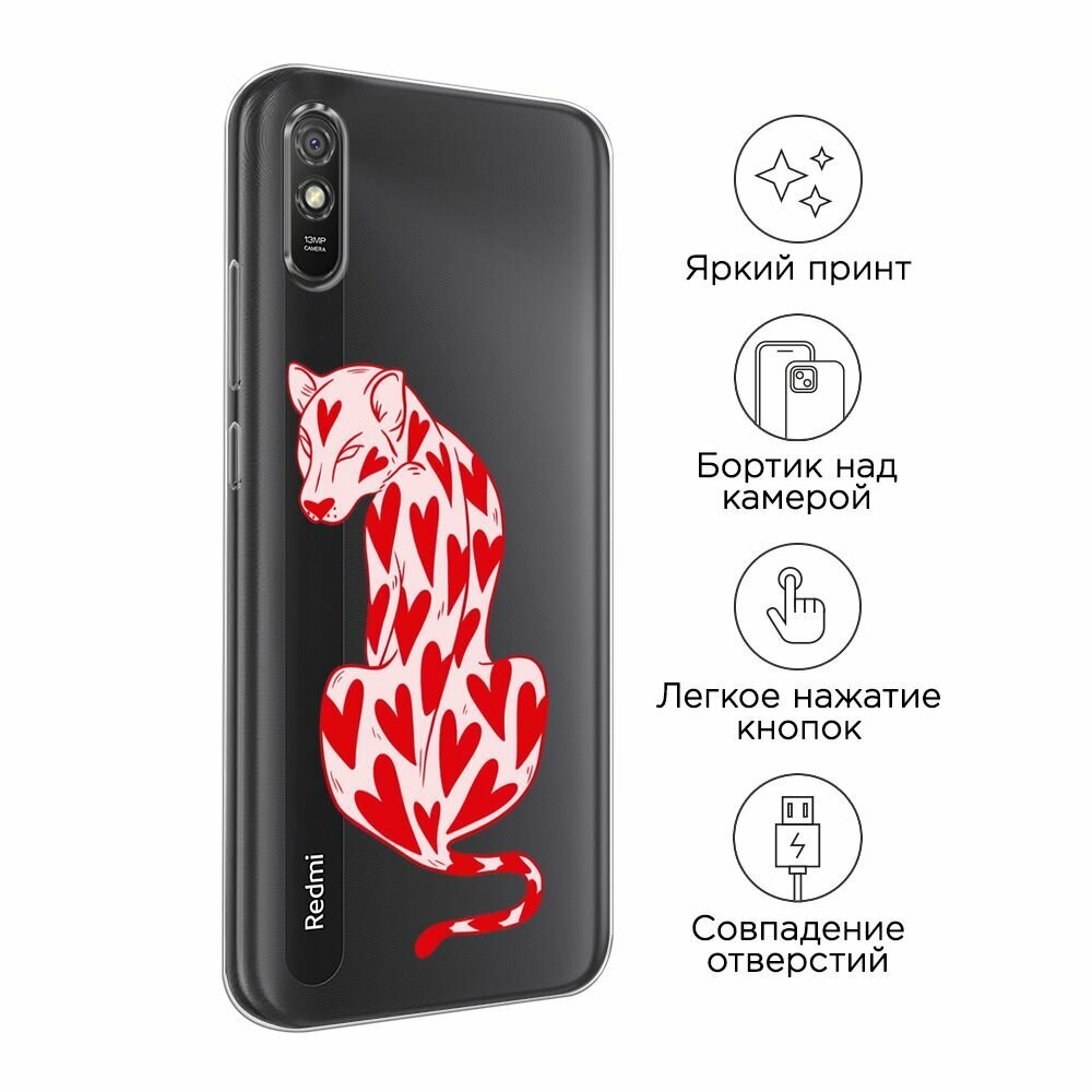 Чехол на Xiaomi Redmi 9A / Сяоми Редми 9А с принтом "Heart panther 2 - 14 февраля", прозрачный — фото 1