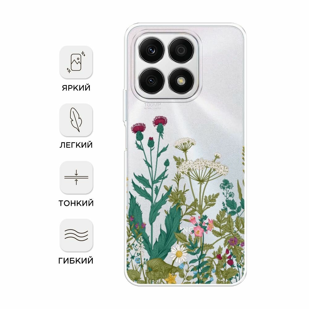 Чехол на Honor X8A / Хонор X8A с принтом "Дикие полевые цветы", прозрачный — фото 1