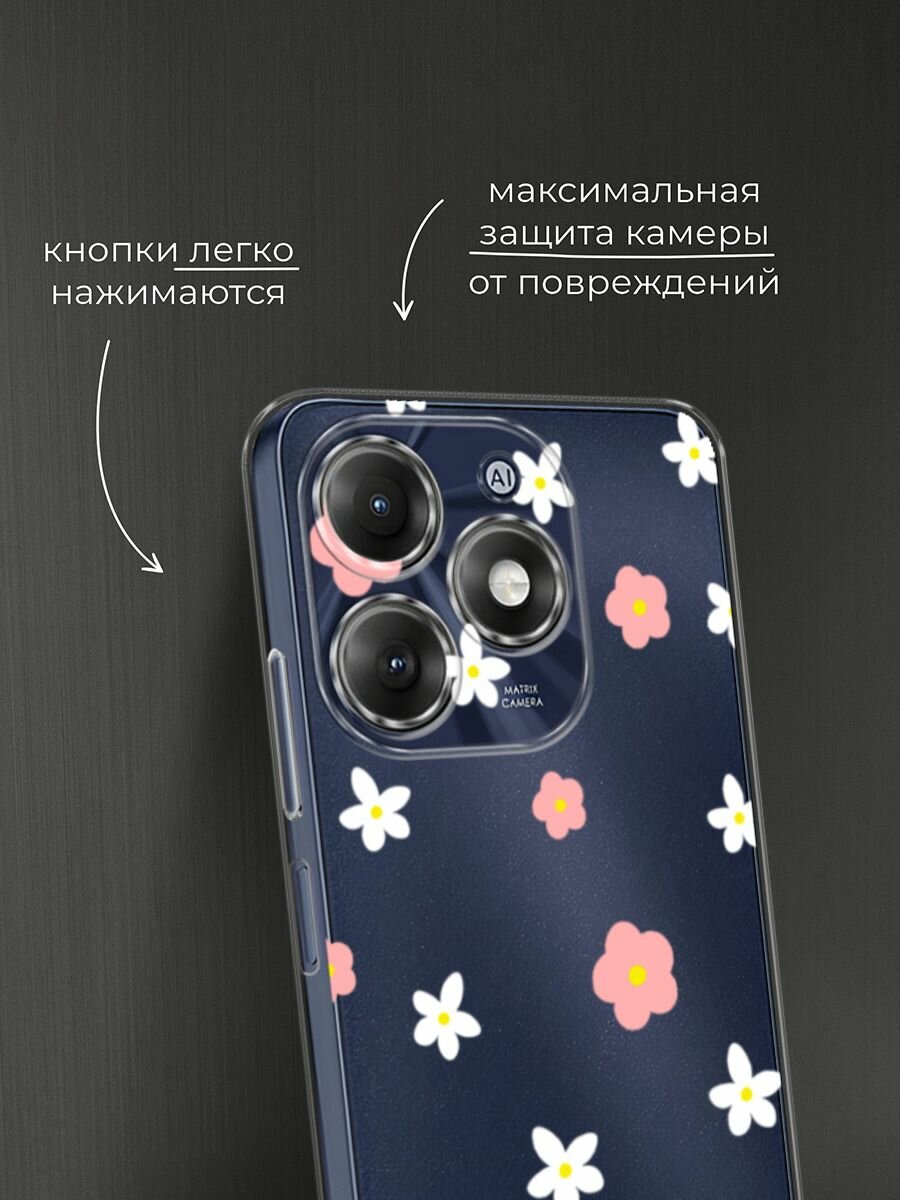 Чехол на Itel A70 / Ител А70 с принтом "Розовые и белые цветы", прозрачный — фото 1