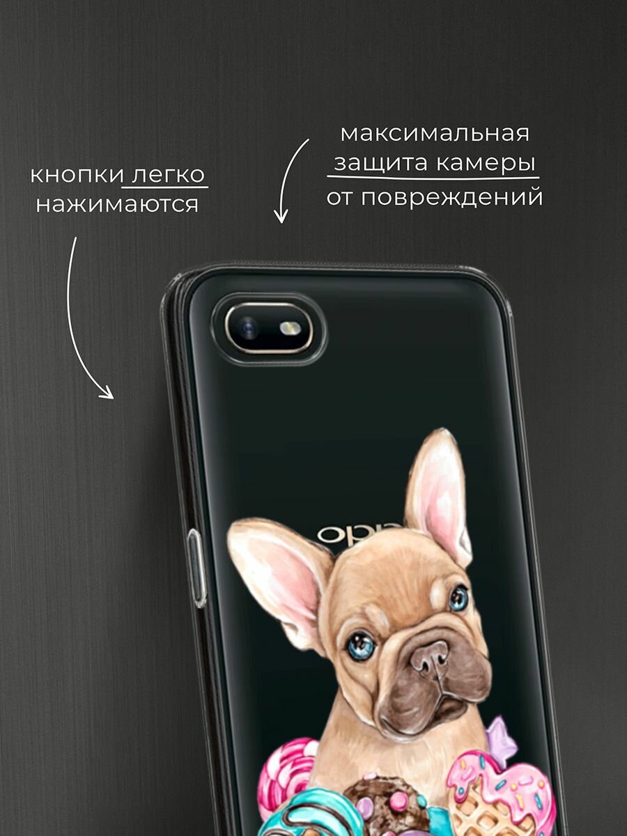 Чехол на Oppo A1k / Оппо А1к с принтом "Бульдог и сладости", прозрачный — фото 1