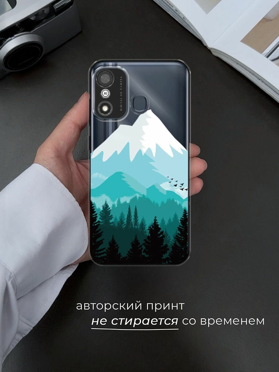 Чехол на Itel A27 / Ител А27 с принтом "Синяя снежная гора", прозрачный — фото 1