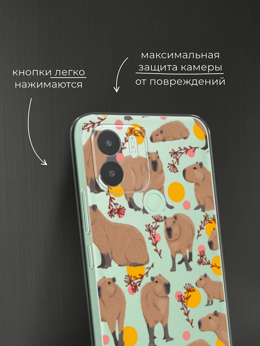 Чехол на Xiaomi Redmi A1+/Redmi A2+/Poco C51/C50 / Редми A1+ с принтом "Капибара паттерн", прозрачный — фото 1