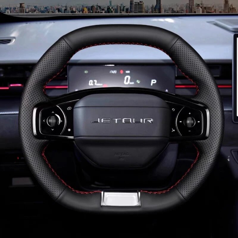 Сшитый вручную черный нескользящий чехол на руль автомобиля из натуральной кожи для Chery Jetour Dashing 2022-2026 Red line style