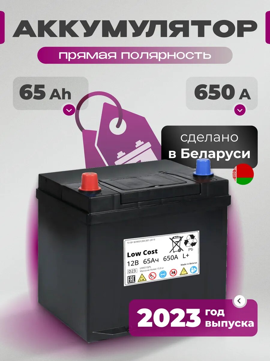 Аккумулятор автомобильный 65 Ач 650 А прямая полярность Asia