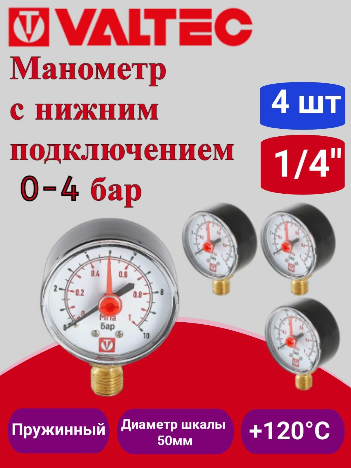 4 шт - Манометр-индикатор с нижним радиальным подключением 0 4 бар; 1/4"