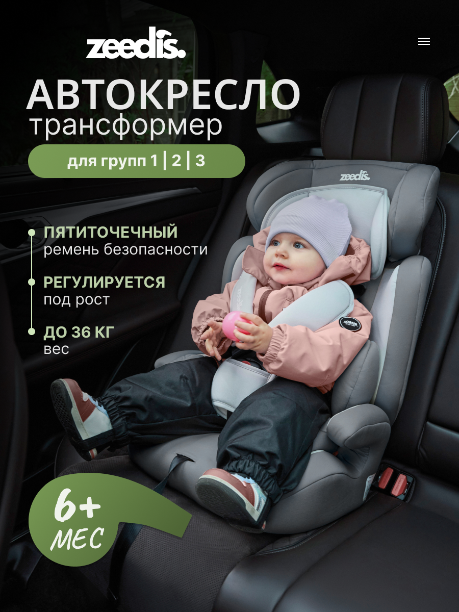 Автокресло ZEEDIS Magnus, группа 1/2/3, 9-36кг, регулируемое, трансформируется в бустер