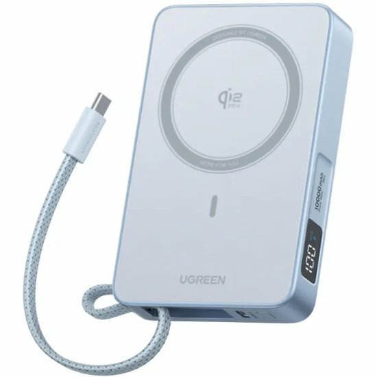 Внешний аккумулятор Ugreen PB773 25 Вт, 10000mAh, Qi2.2, USB-C, серебристо-голубой(65958B)