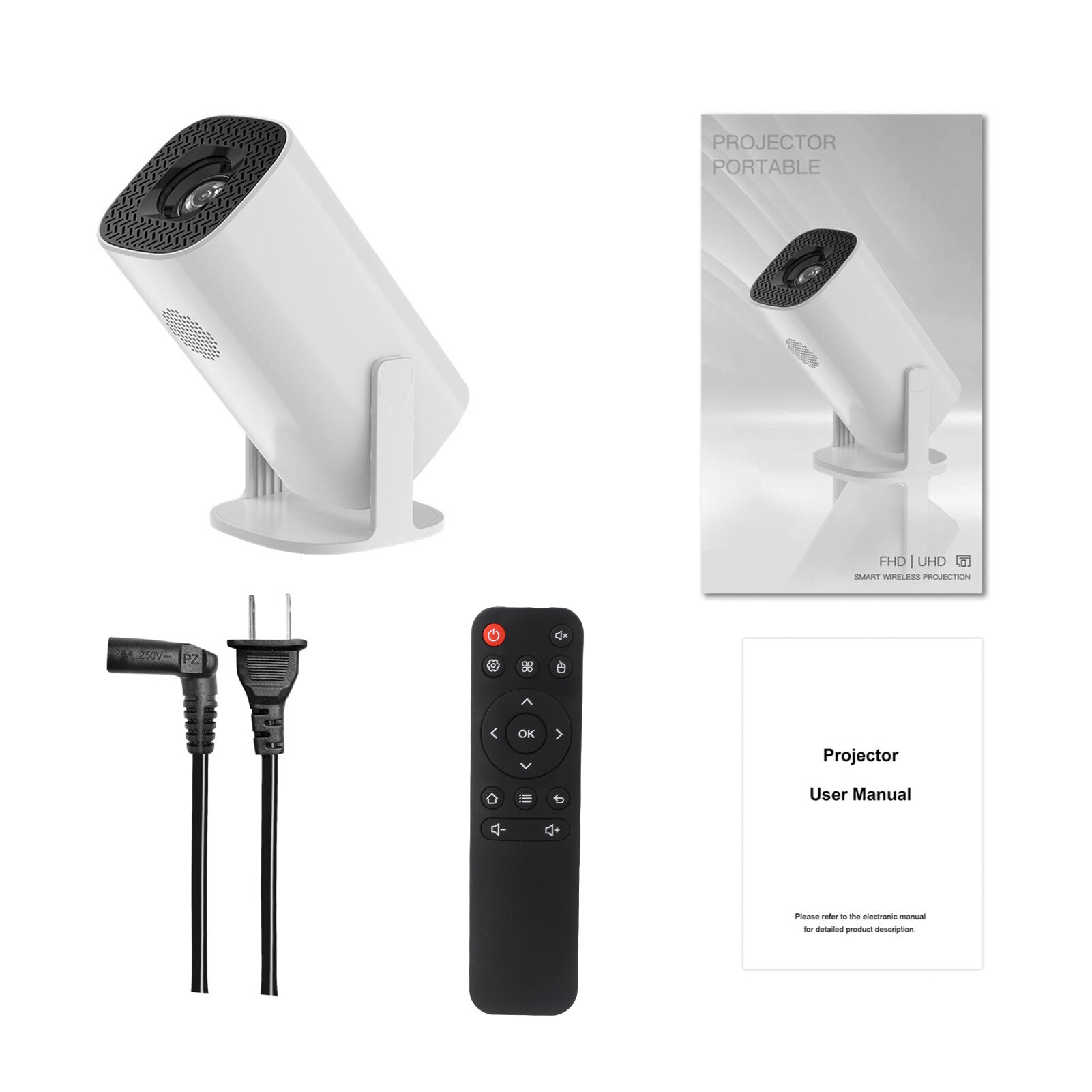 Проектор с декодированием 4K, разрешением 1080p, Wi-Fi 6, Bluetooth 5.4 для системы Android 11, 100-дюймовый дисплей, технология «один экран», поворот на 180°, встроенные динамики.