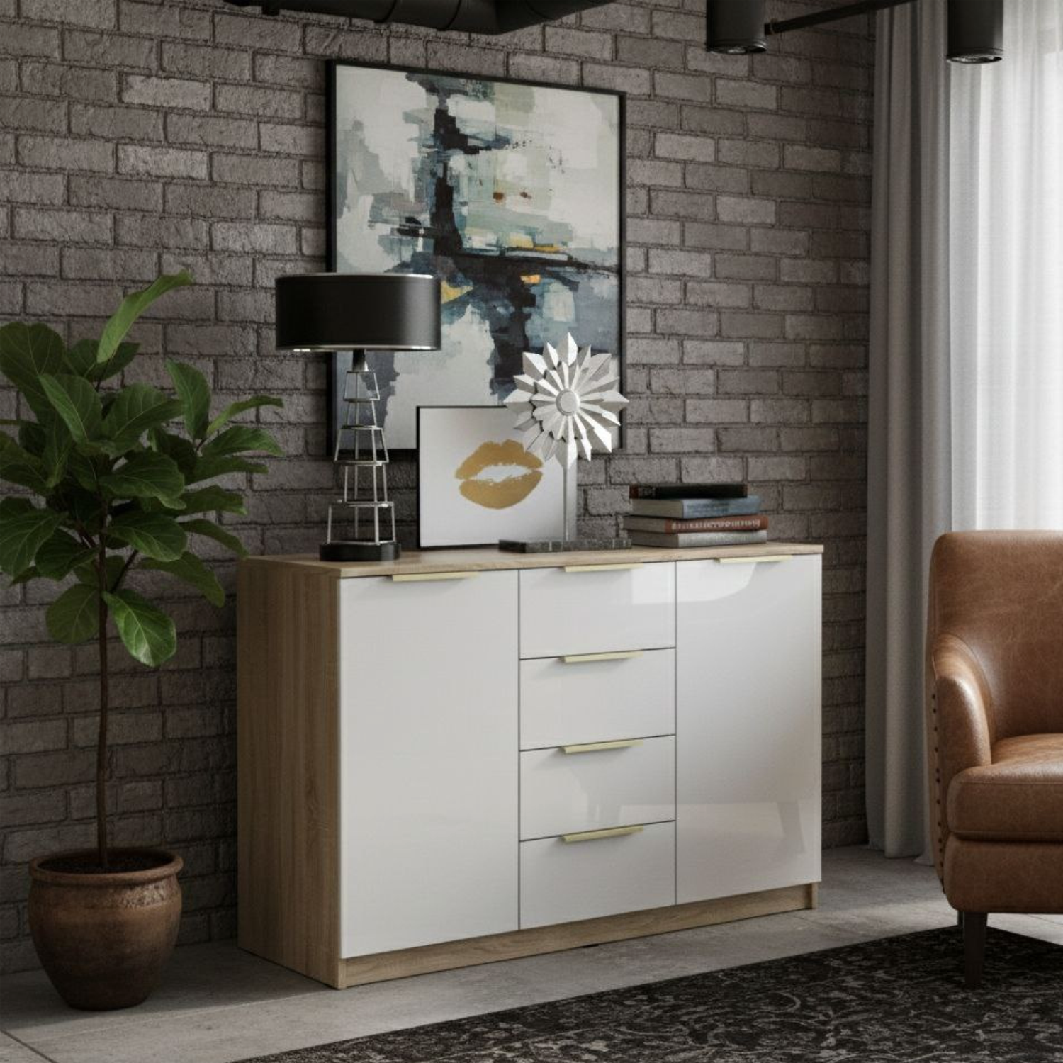 Комод комбинированный 2 створки + 4 ящика Римини (120х44,4х82,2 см), Дуб сонома/Белый матовый, шариковые направляющие