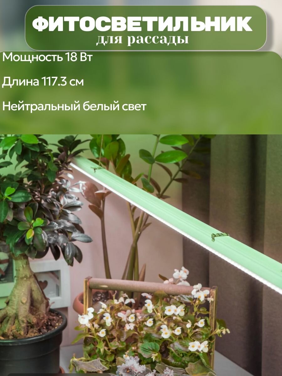 Фитосветильник для растений и рассады, светодиодный, 18 Вт, нейтральный белый свет, 117.3 см - ускоряет рост и развитие растений.