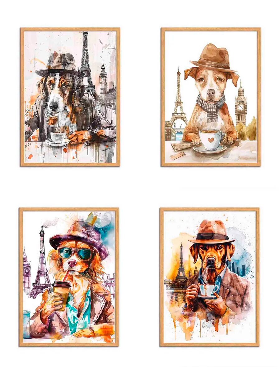 Ретривер Гангстер пьёт кофе, 4 Плаката, 30x21см