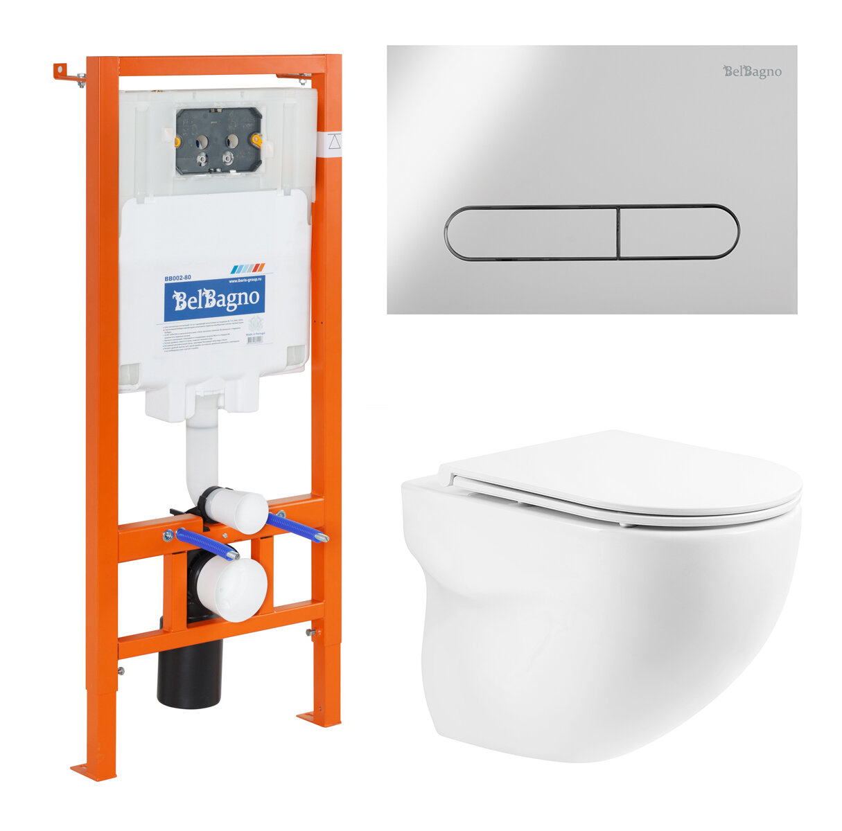 Инсталляция с подвесным унитазом BelBagno ONDA с сиденьем микролифт и клавишей смыва хром глянец BB066CHR/BB870SC/BB002-80/BB005-PR-CHROME