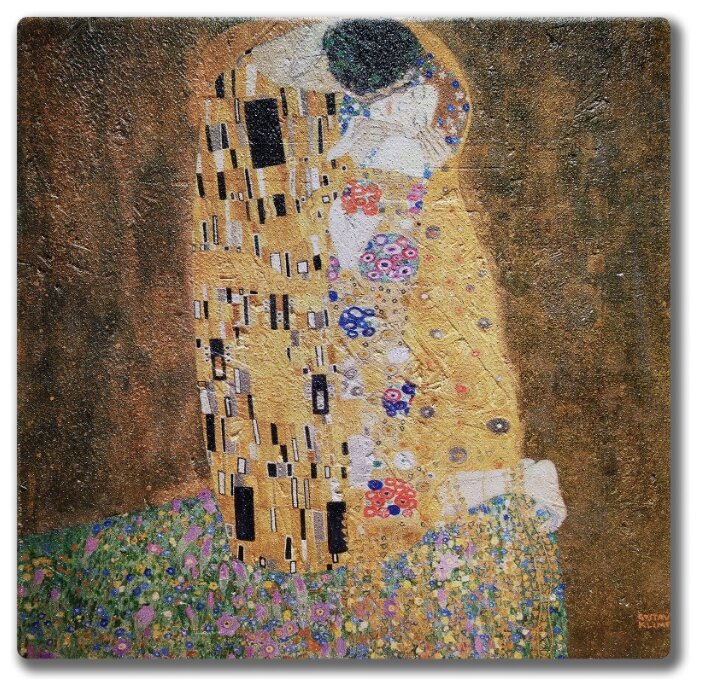 Репродукция картины Густава Климта "Поцелуй". Интерьерная фреска на доске. 70х70 см