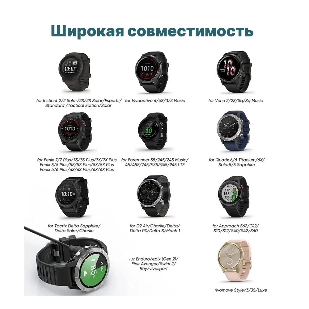 Кабель USB для зарядки смарт-часов Garmin Fenix (7/7x 5/5s, 6/6x), Quatix 5, Vivoactive 3/4, Approach, Forerunner, Зарядное устройство для часов Гармин. 1 метр, черный