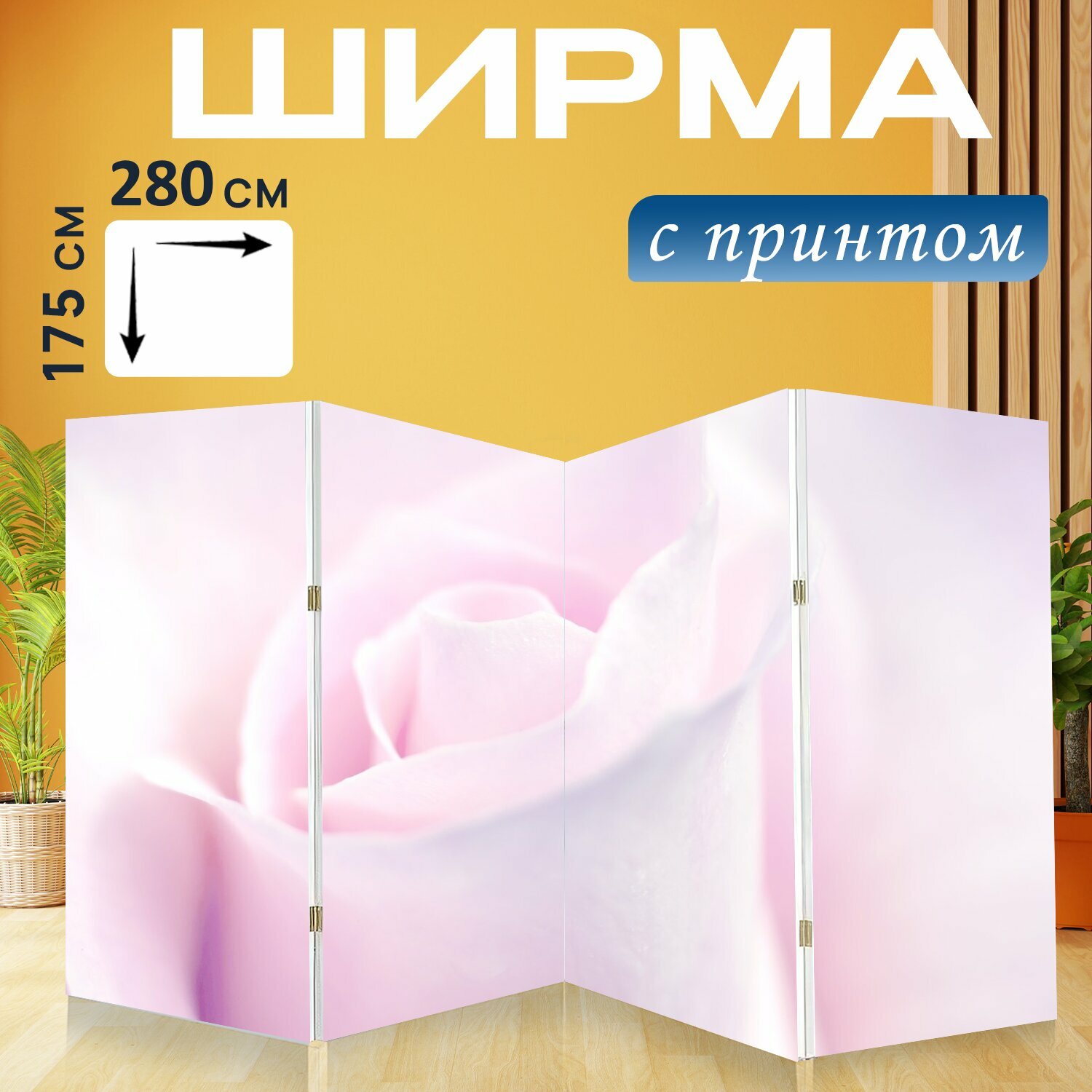 Ширма "Роза, розовый, розовая роза" перегородка для зонирования комнаты с принтом 280x175 см. на холсте