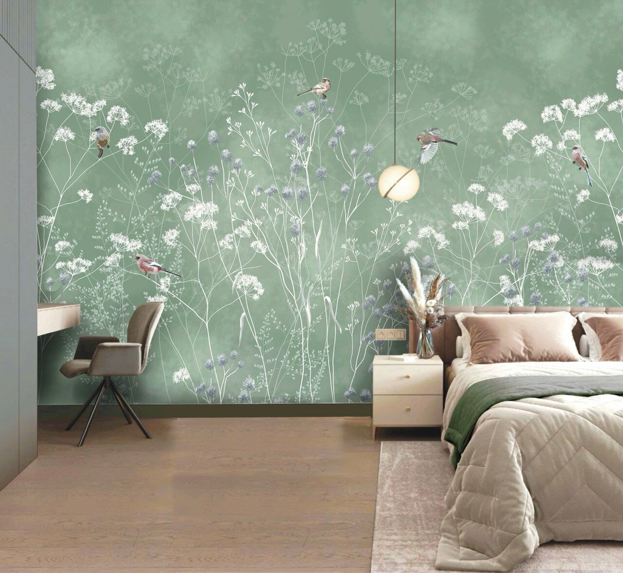 Фреска бесшовная "Птички Урагусы" оливковый зеленый (ширина 2750мм х длина 2000мм)