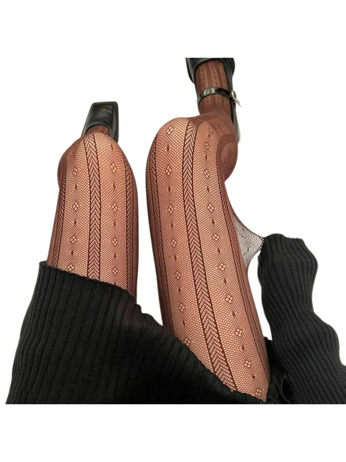 Женские ажурные колготки с полосками и цветочным узором, темный кофе