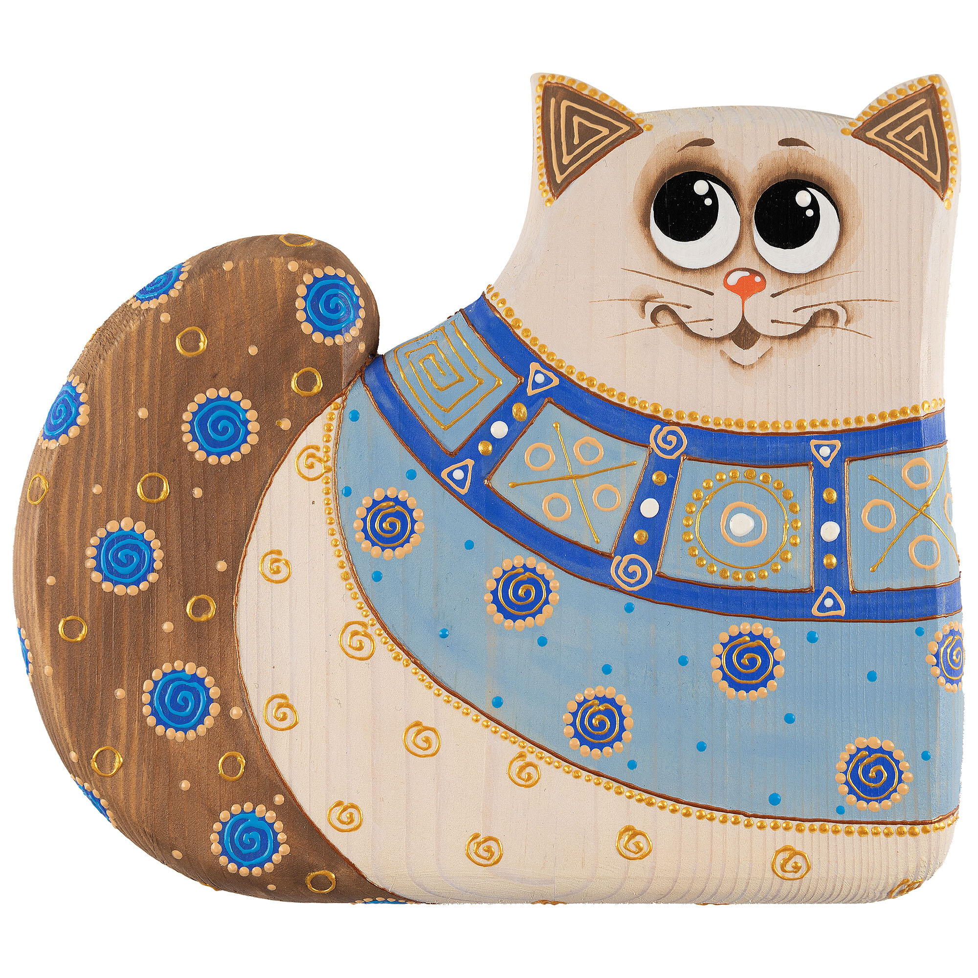 Подвеска деревянная ручной работы Кошка Тося голубой узор (692802)