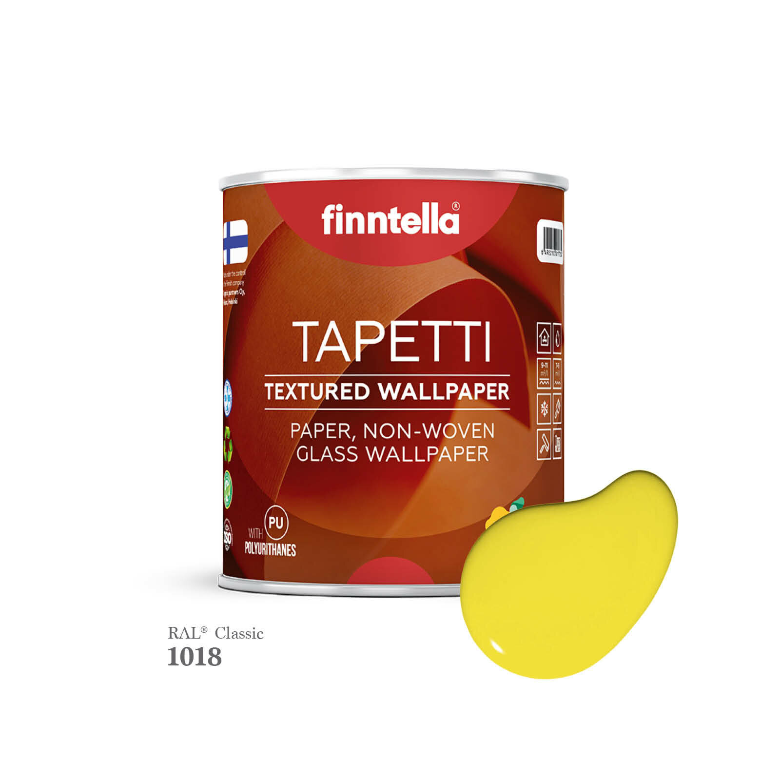 Шелковисто-матовая краска для обоев под окраску TAPETTI SILKKI Matta FINNTELLA, Цвет RAL 1018 Цинково-желтый (Zinc yellow), 0,9л