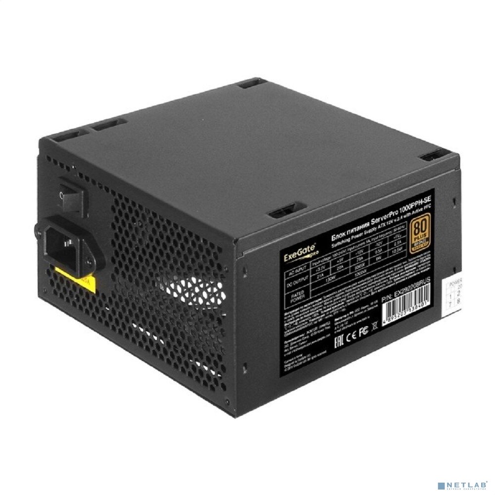 Exegate EX292208RUS Серверный БП 1000W ExeGate ServerPRO 80 PLUS® Bronze 1000PPH-SE (ATX, for 3U+ cases, APFC, КПД 89% (80 PLUS Bronze), 12cm fan, 24pin, 2x(4+4)p, 6xPCI-E, 8xSATA, 4xIDE, box, black)