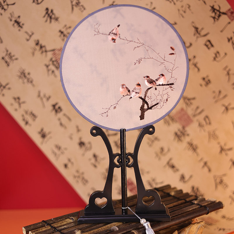 Веер "Старинный стиль", с вышивкой, круглый, односторонний, вылет на ветках