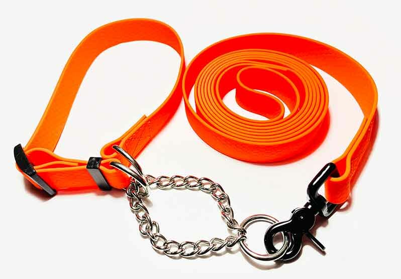 Комплект из биотана гриппи шир.25 мм оранжевый ошейник на цепочке и поводок M (35-50см)/1,5м