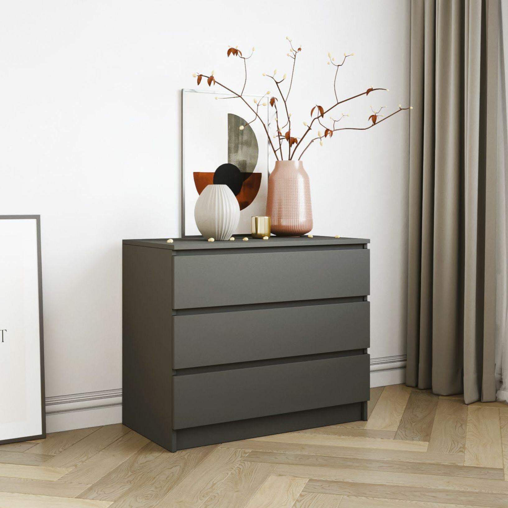 Комод Альбина "Мадера КЗМ", 3 ящика, роликовые направляющие, Графит, 80 х 42 х 77,5 см