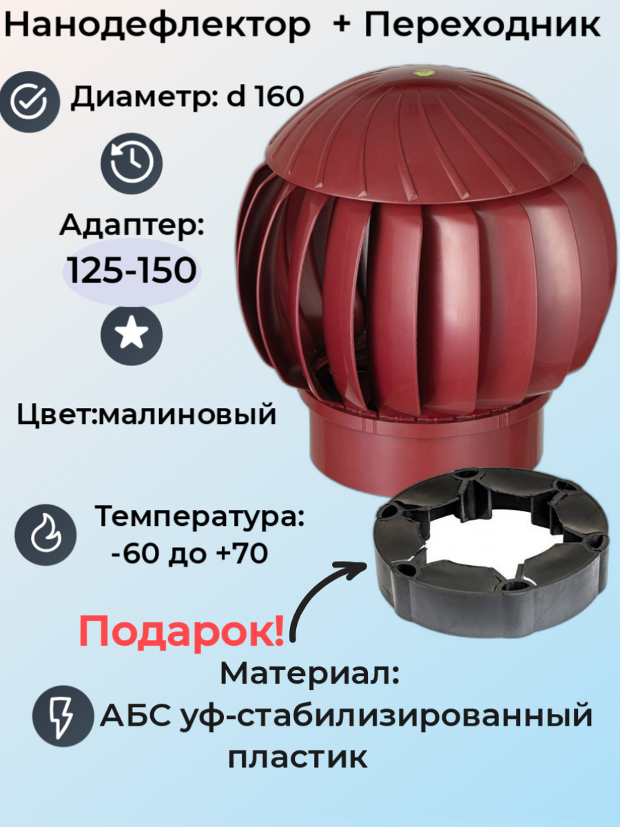 Ротационный нанодефлектор RAL 3005 (малиновый) в комплекте с переходником для труб диаметром 125-150 мм