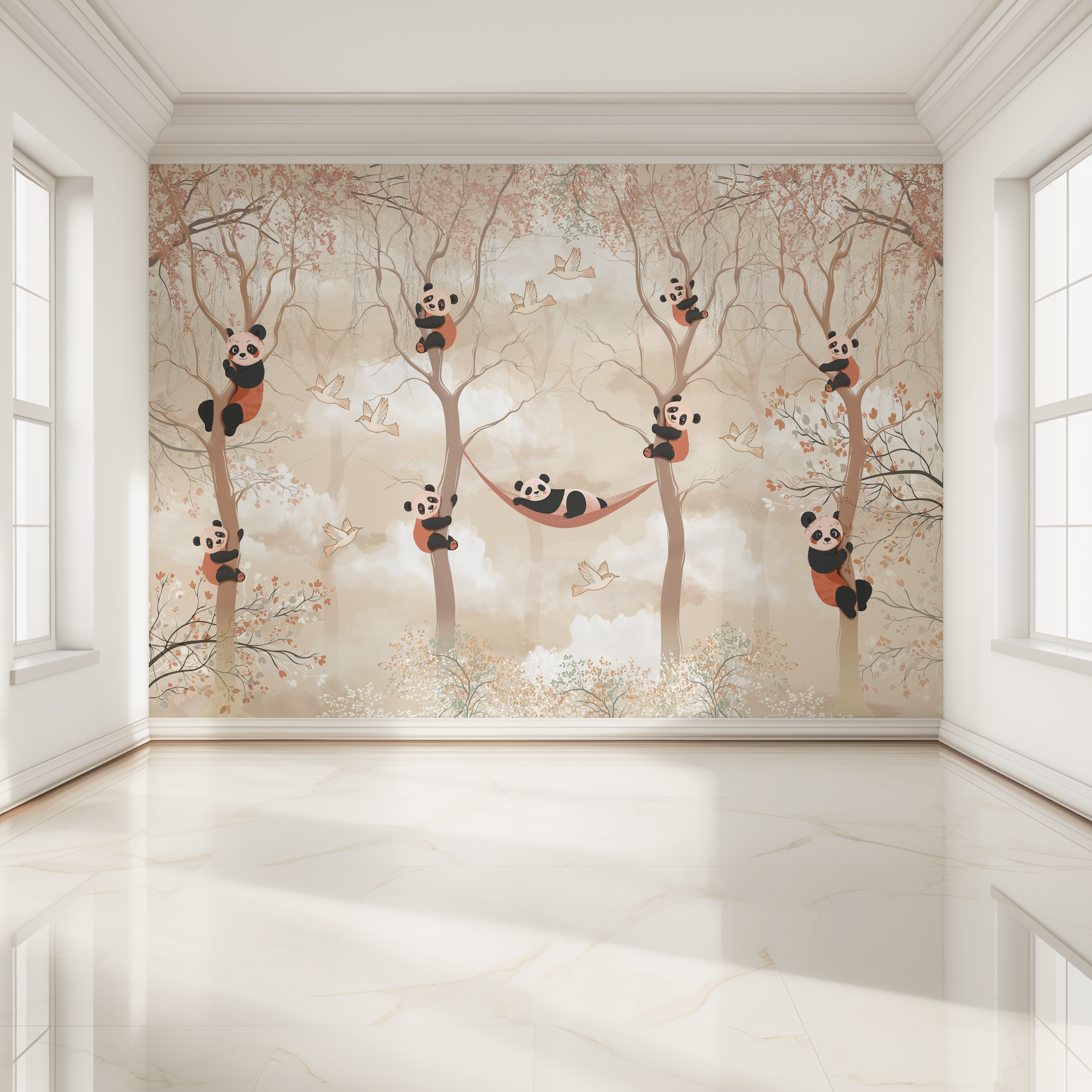 Фотообои 3д на стену "Панды на деревьях", флизелиновые 400х270 см на кухню, спальню, зал, в детскую