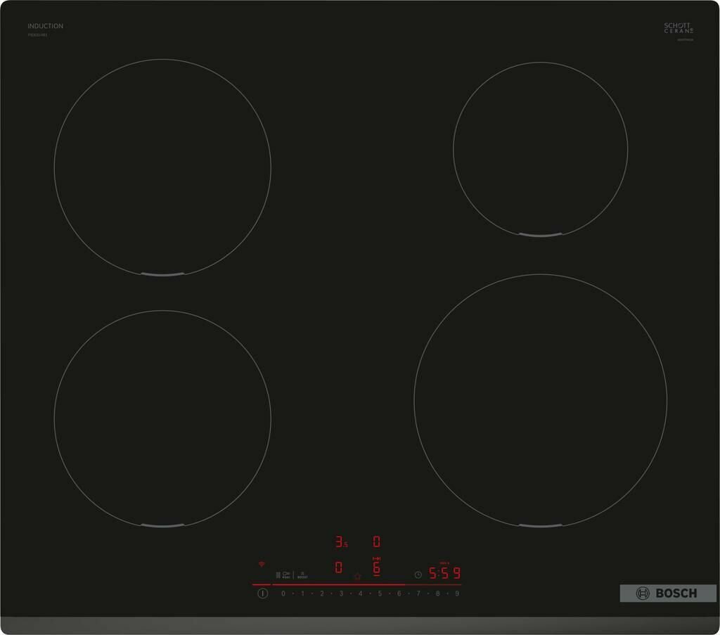 Индукционная варочная панель Bosch PIE631HB1E, ширина 60, черный, 4 конфорки, 17 ступеней мощности, 7400 вт